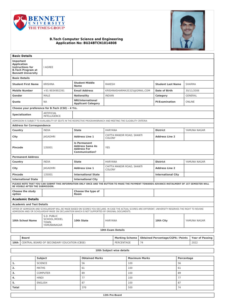 Application Form BU24BTCN1014808 | PDF