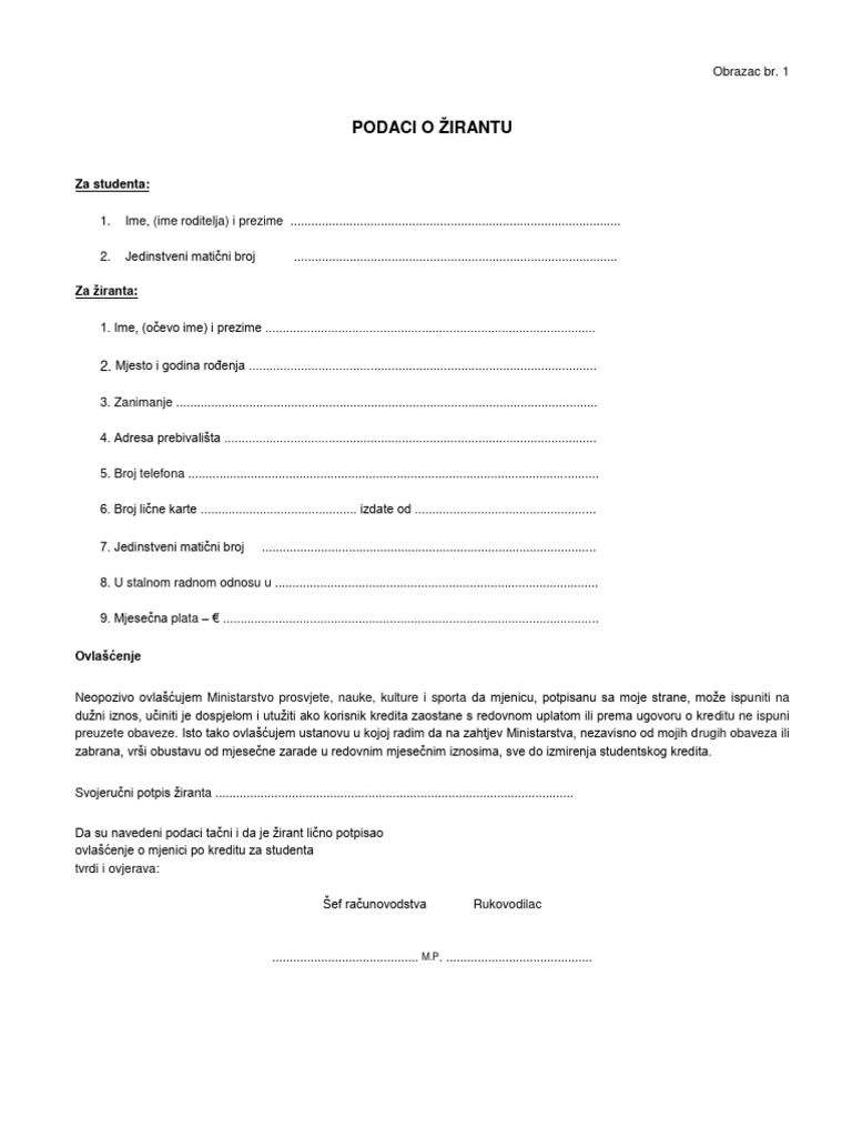 Formulari Za Studentski Kredit | PDF