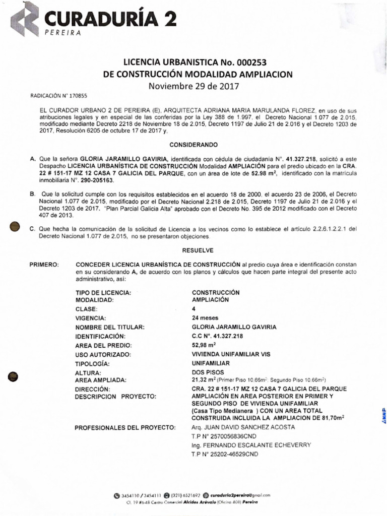 LICENCIA DE CONSTRUCCION No. 000253 | PDF