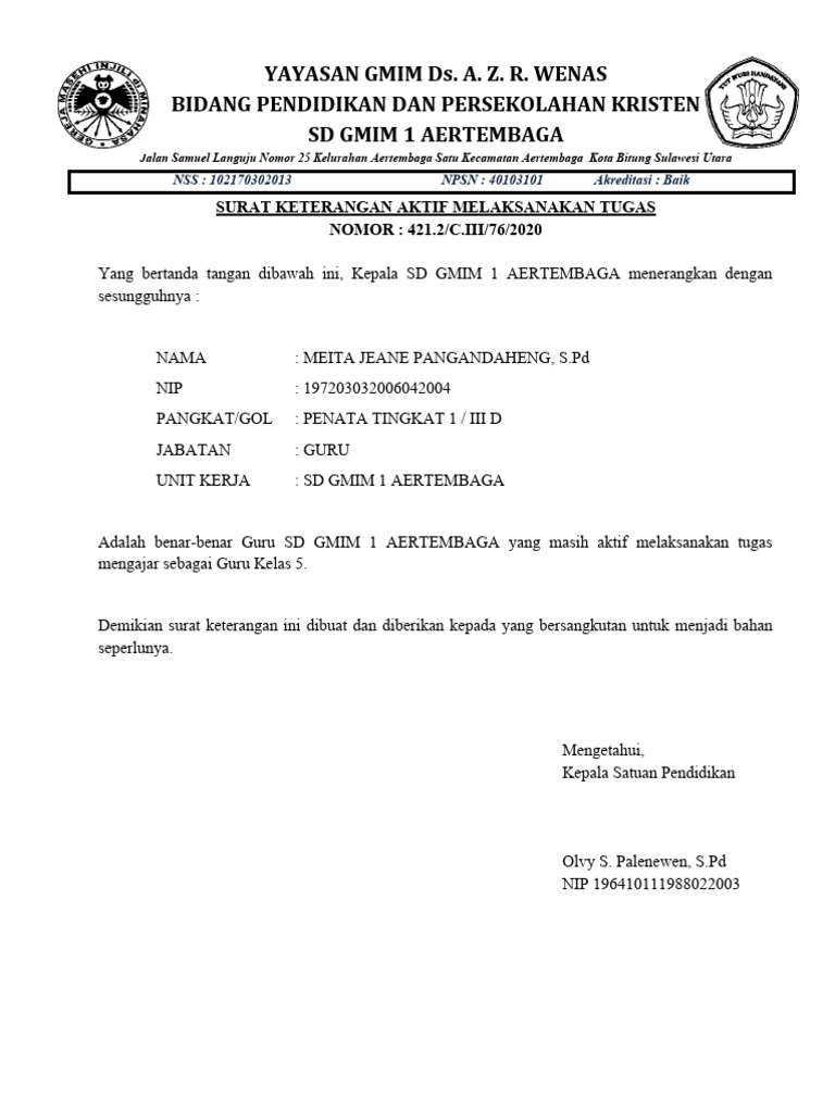 Surat Keterangan Aktif Guru SD GMIM 1 | PDF