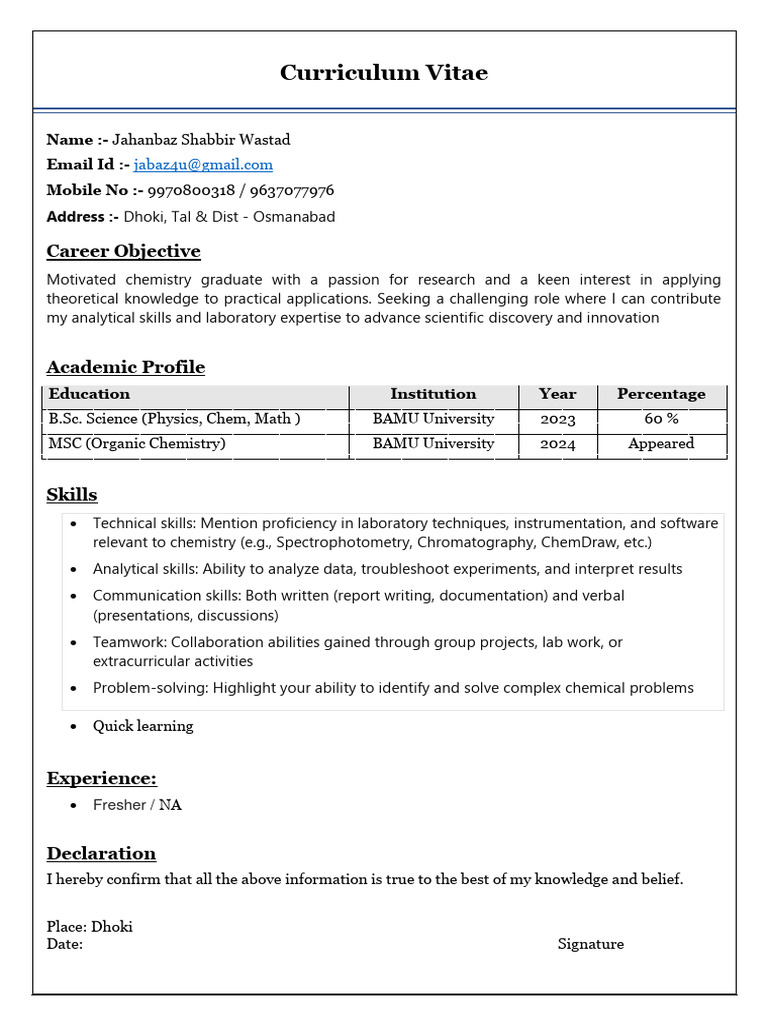 Degree Fresher Resume Format For B.SC ComputerScience | PDF