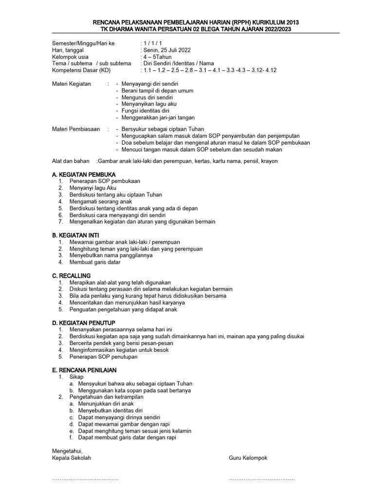 RPPH TK-A SMT1 Minggu - 01 - Identitas Diri | PDF | Pengembangan Diri | Kesehatan Holistik