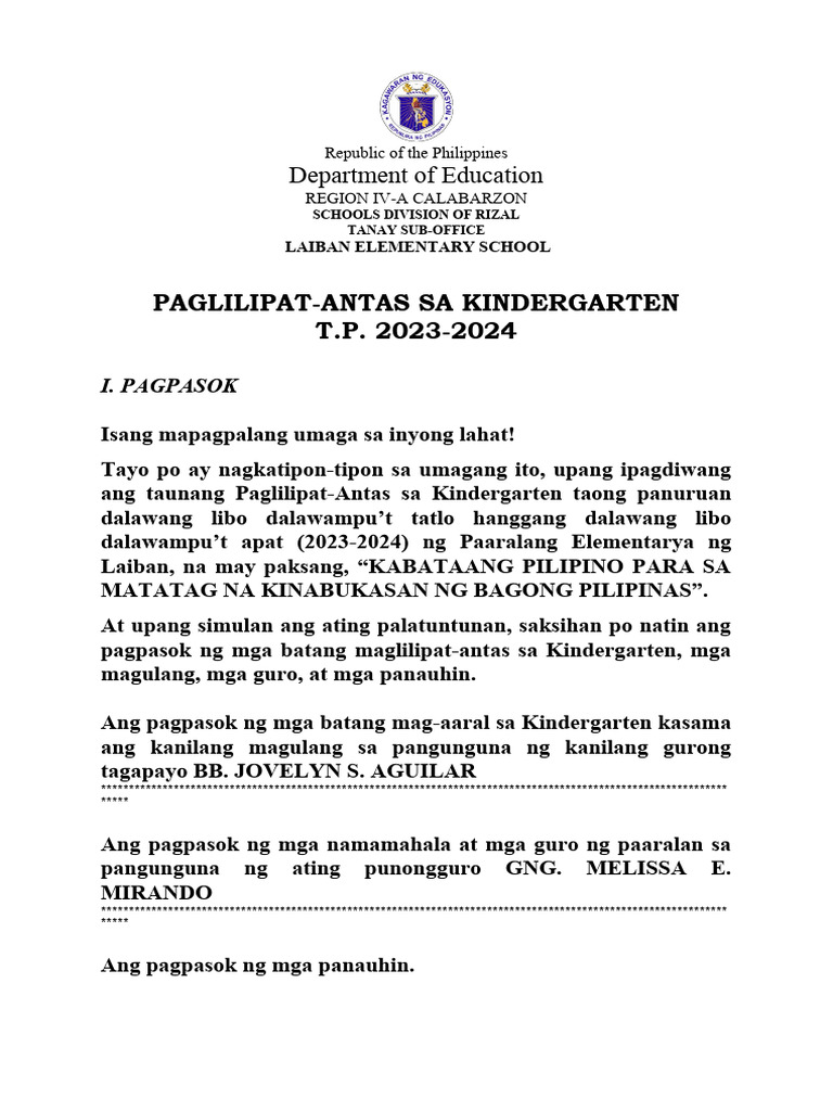 Script Kinder Paglilipat Antas | PDF