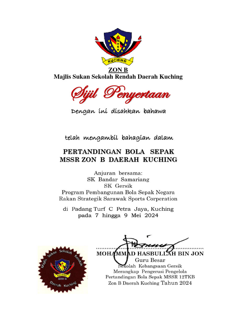 Sijil Penyertaan Bola Sepak MSSR 2024 LOGO | PDF