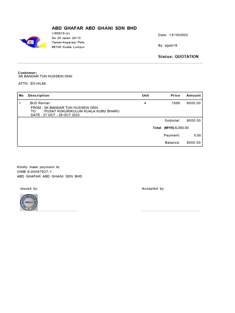 Quotation Bus - Skbtho To Kem Ampang Pecah | PDF