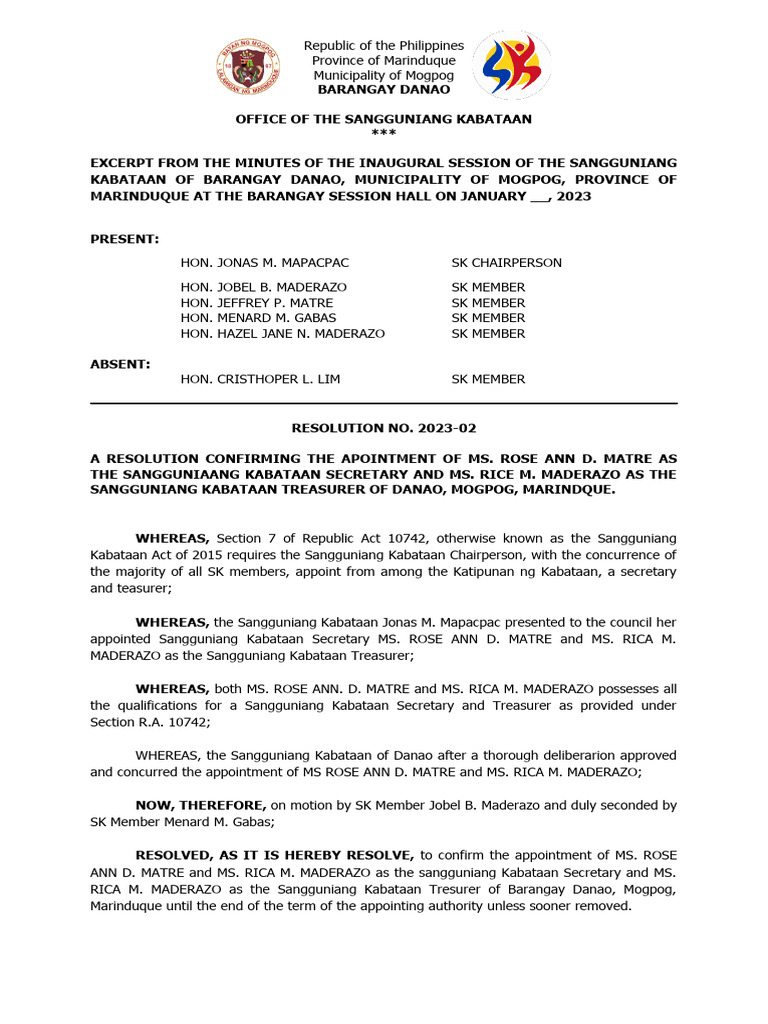 RESOLUTION Appointing SK Tres | PDF | Youth Organizations