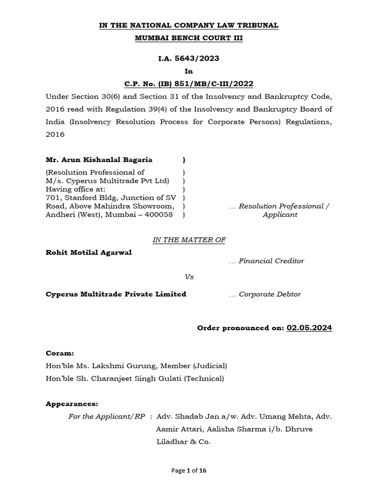 Approval of Cyperus Multitrade Resolution Plan | PDF | Bankruptcy ...