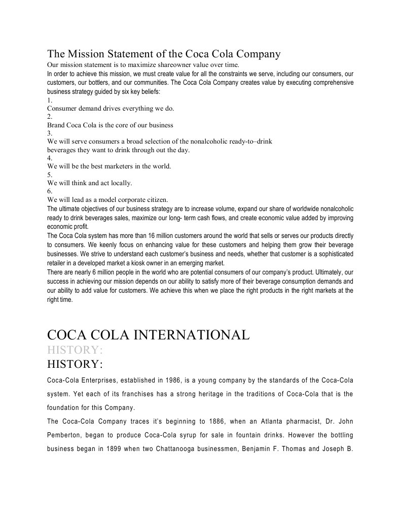 Coca-Cola Company Mission Statement | PDF | Pepsi Co | Coca Cola
