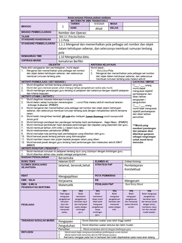 RPH Minggu 1 Matematik Tingkatan 2 | PDF