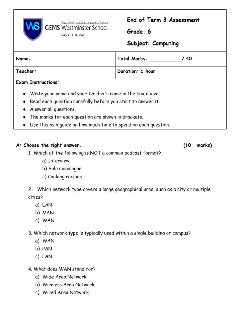 EOT3 - SOD Grade 6 - QP | PDF | Computer Network | Local Area Network