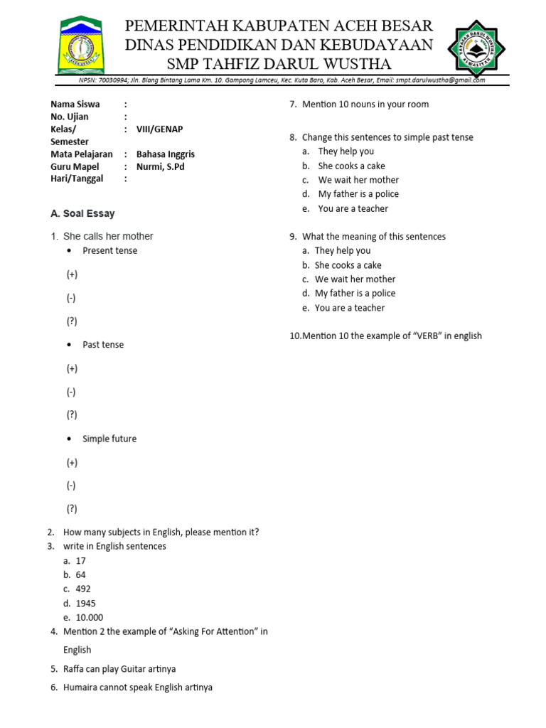 SMP Tahfiz Darul Wustha Exam | PDF