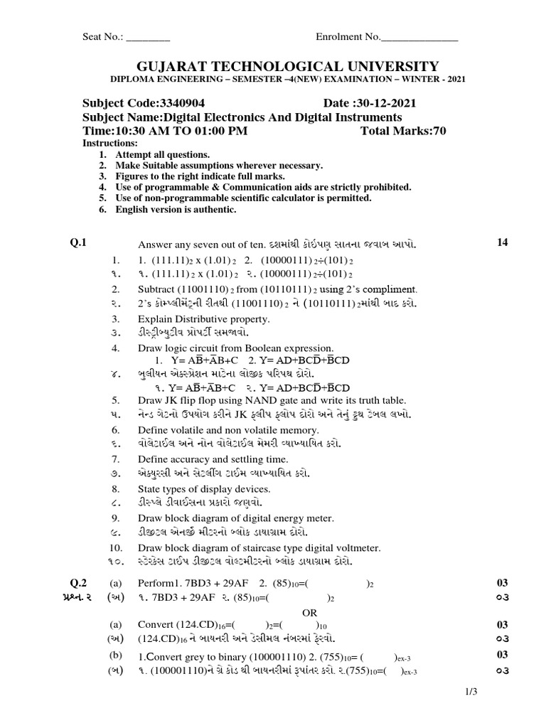 Gujarat Technological University: Diploma Engineering - Semester - 4 (New) Examination - Winter ...