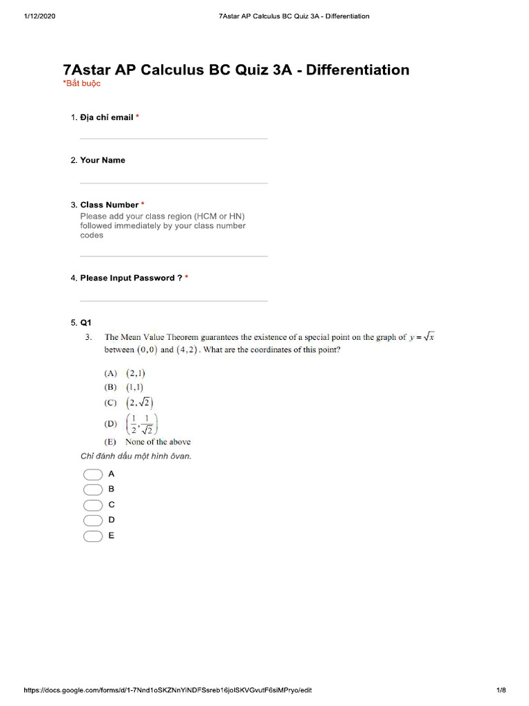 Quiz 3A Calculus | PDF
