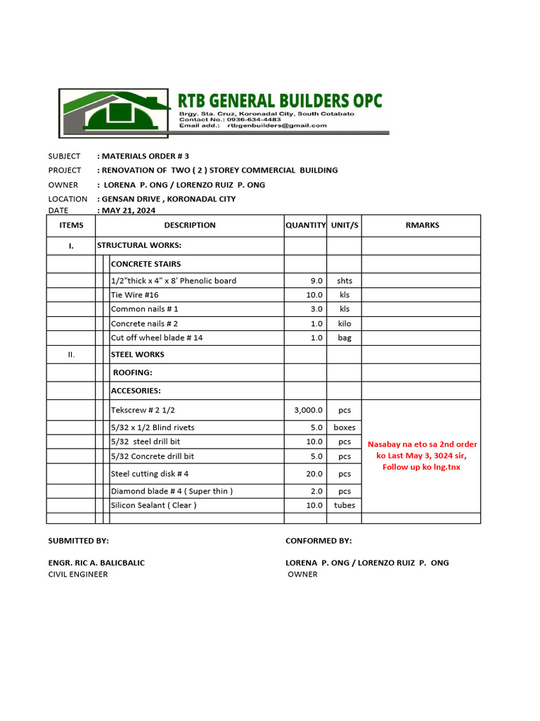 Materials Order # 3 | PDF