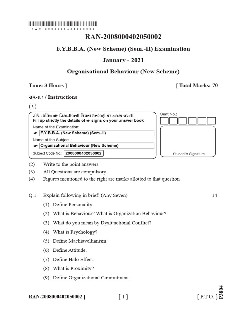 FYBBA (Sem.-II) Exam January - 2021 OB (New Scheme) | PDF | Behavior | Organizational Behavior