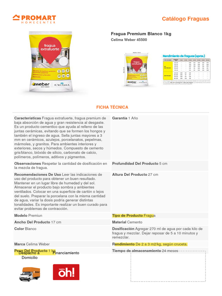 Fragua Celima Premium Blanco 1kg | PDF | Cemento | Materiales