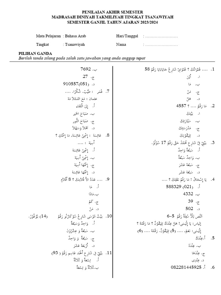 Soal Pas B Arab SMP MDT Ganjil 20232024 | PDF