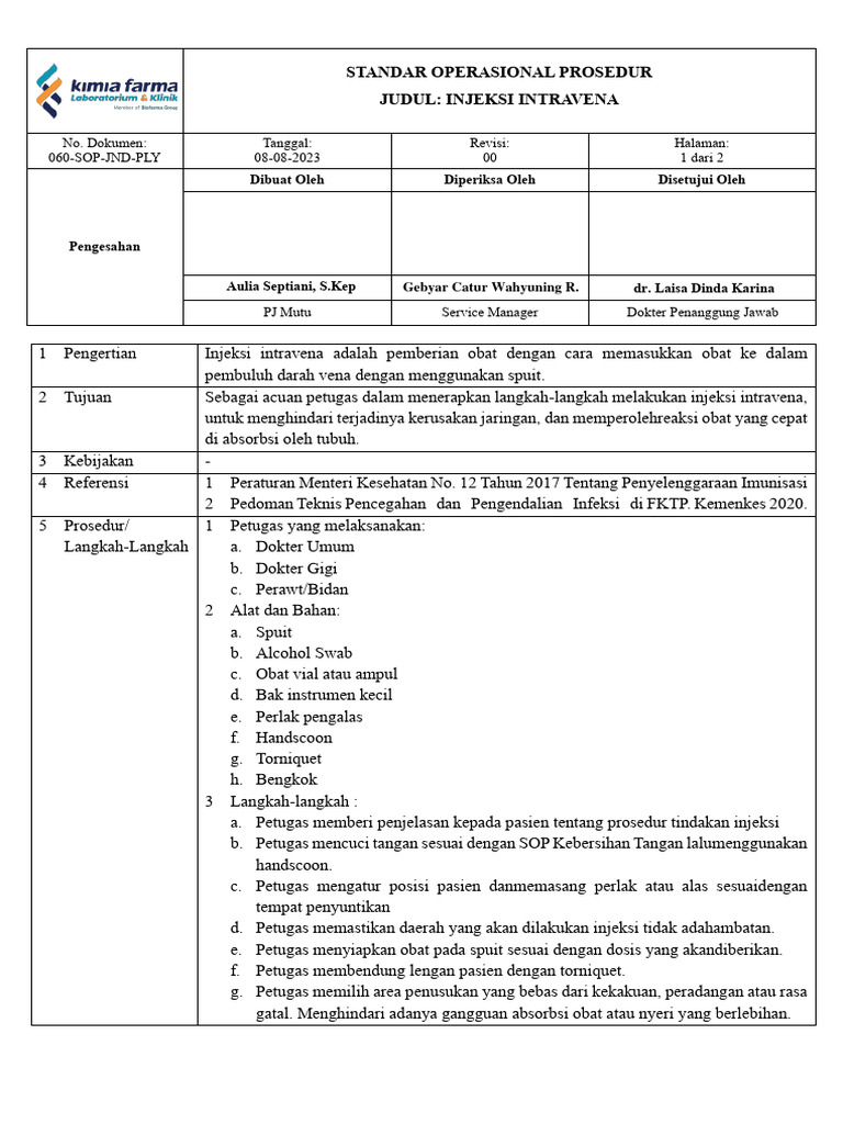 Sop Injeksi Intravena | PDF | Sains & Matematika