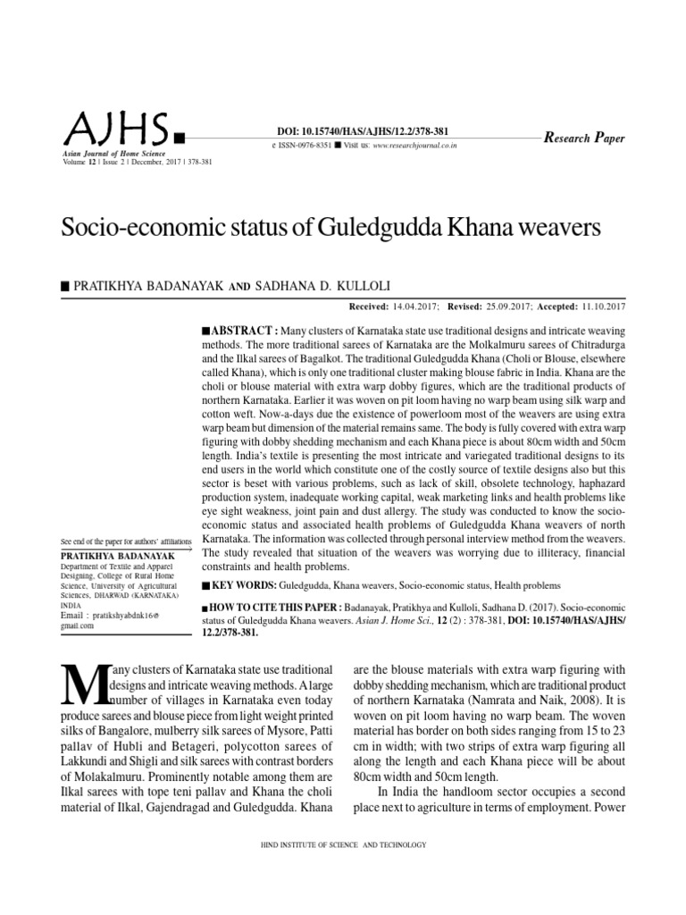Socio-Economic Status of Guledgudda Khana Weavers: DOI: 10.15740/HAS ...