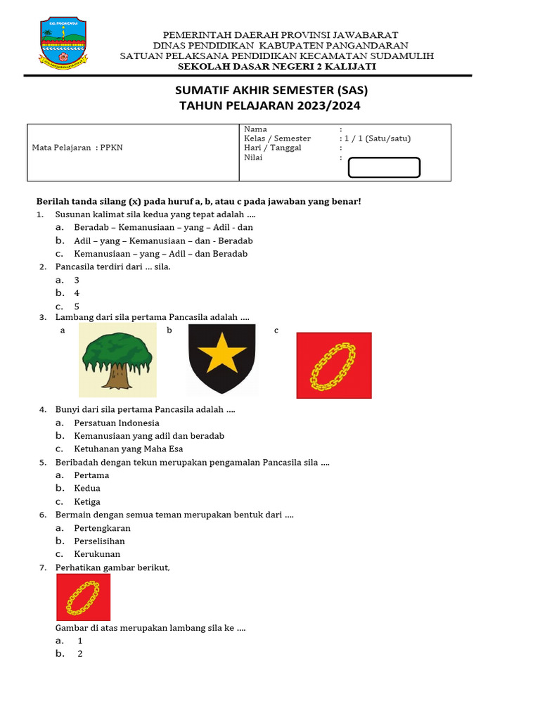 Soal Sumatif PAS PPKN Kelas I Semester 1 | PDF