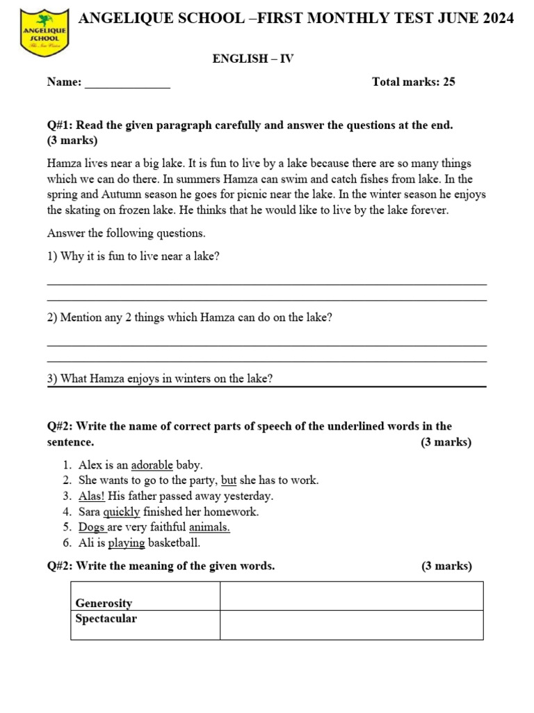 1st monthly 2024 english paper grade 4 (1) | PDF