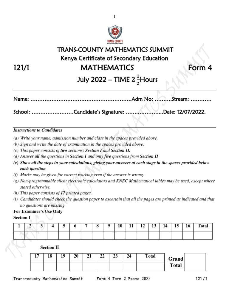 Trans-County Form 4 Math Exam 2022 | PDF | Area | Circle