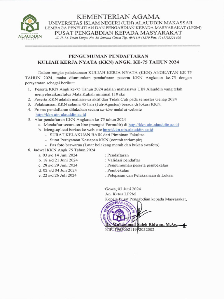 Pendaftaran Kuliah Kerja Nyata KKN Angk Ke 75 Tahun 2024 | PDF