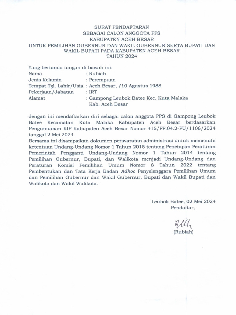 Surat Pendaftaran Rubiah | PDF