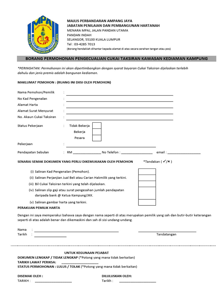 Borang Permohonan Pengecualian Cukai Taksiran KG 2024-23.02.24 | PDF