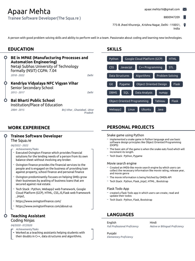 Apaar Mehta CV | PDF | Python (Programming Language) | Computer Programming