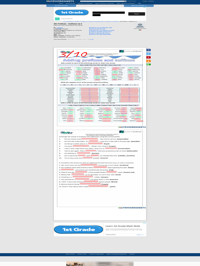 5th Prefixes - Suffixes Ok II Worksheet 2 | Download Free PDF | English ...