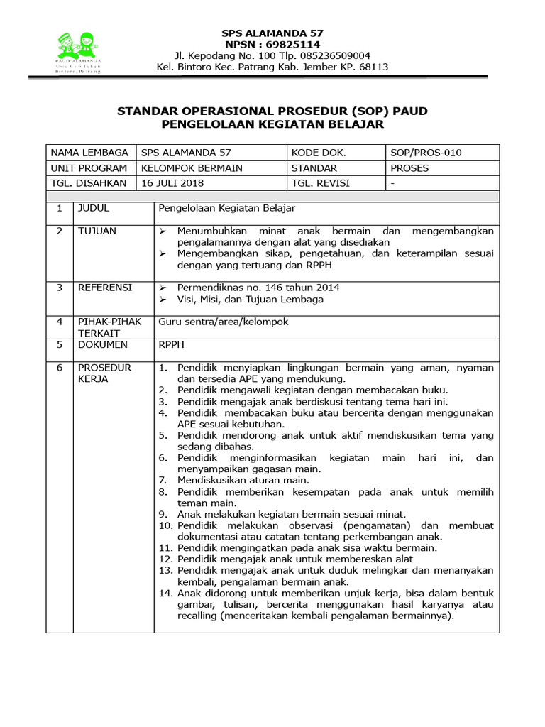 010 SOP PAUD - PENGELOLAAN KEGIATAN BELAJAR | PDF