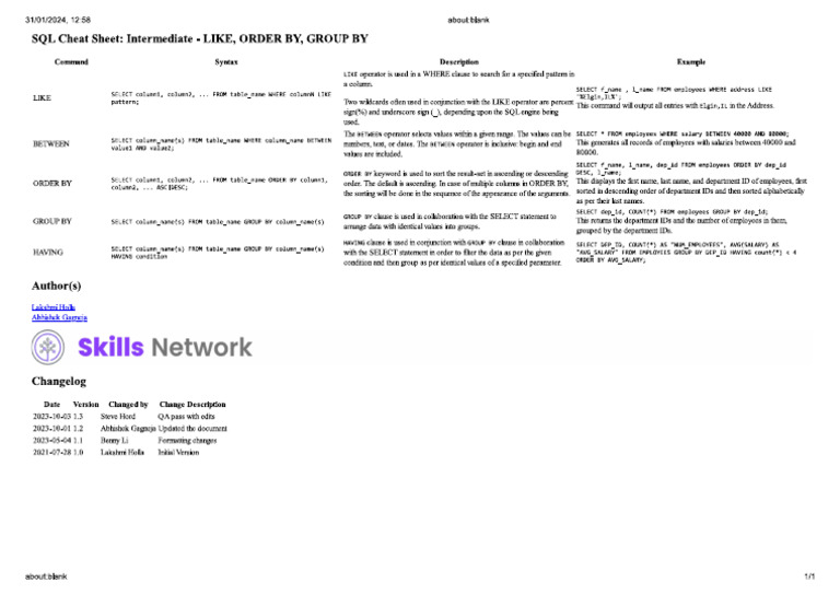 SQL - Cheat - Sheet - Intermediate - LIKE - ORDER BY - GROUP BY | PDF