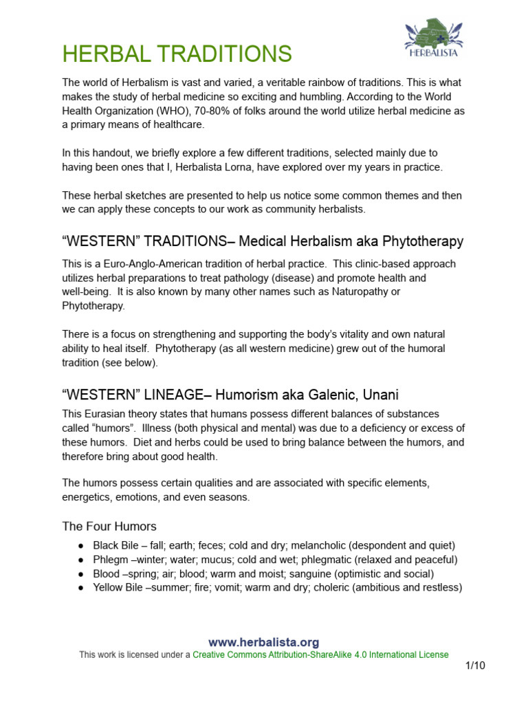 Herbal Traditions Handout With Resources | PDF | Ayurveda | Medicine