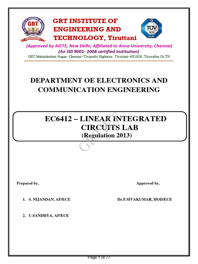 Lic Lab Manual | PDF | Operational Amplifier | Amplifier