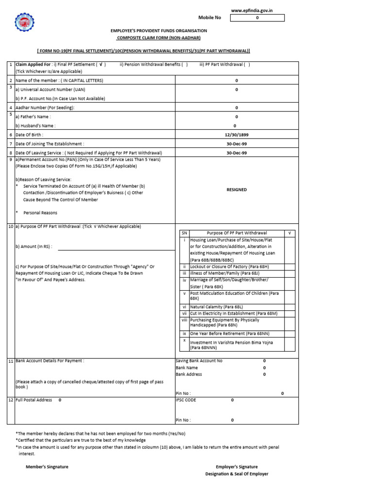 Non Aadhar Based PF Withdrawal Form | PDF | Cheque | Interest