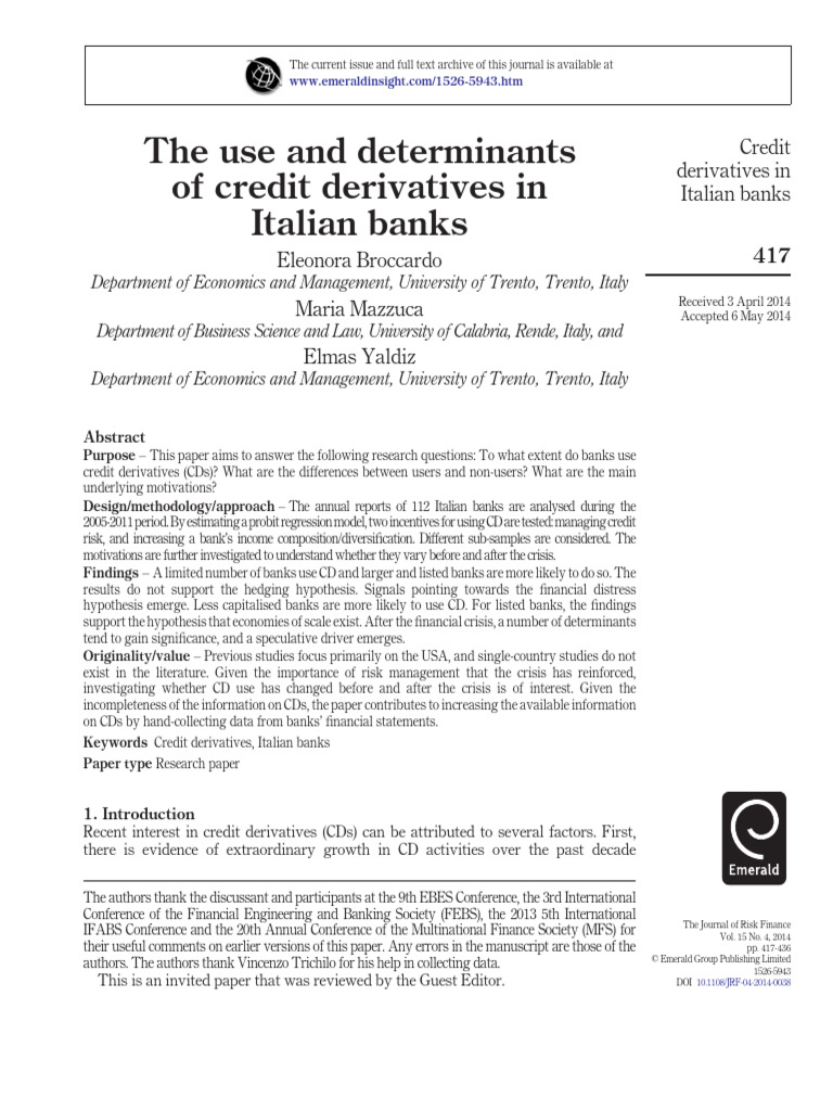 The Use and Determinants of Credit Derivatives in Italian Banks | PDF ...