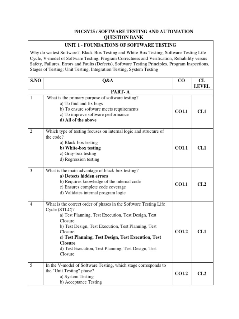 Csv25 Software Testing Question Bank Pdf Software Testing Reliability Engineering