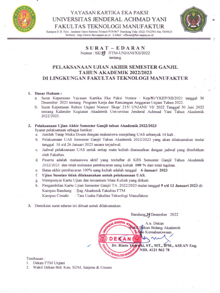 Surat Edaran - Pelaksanaan Uas Ganjil 2223 | PDF