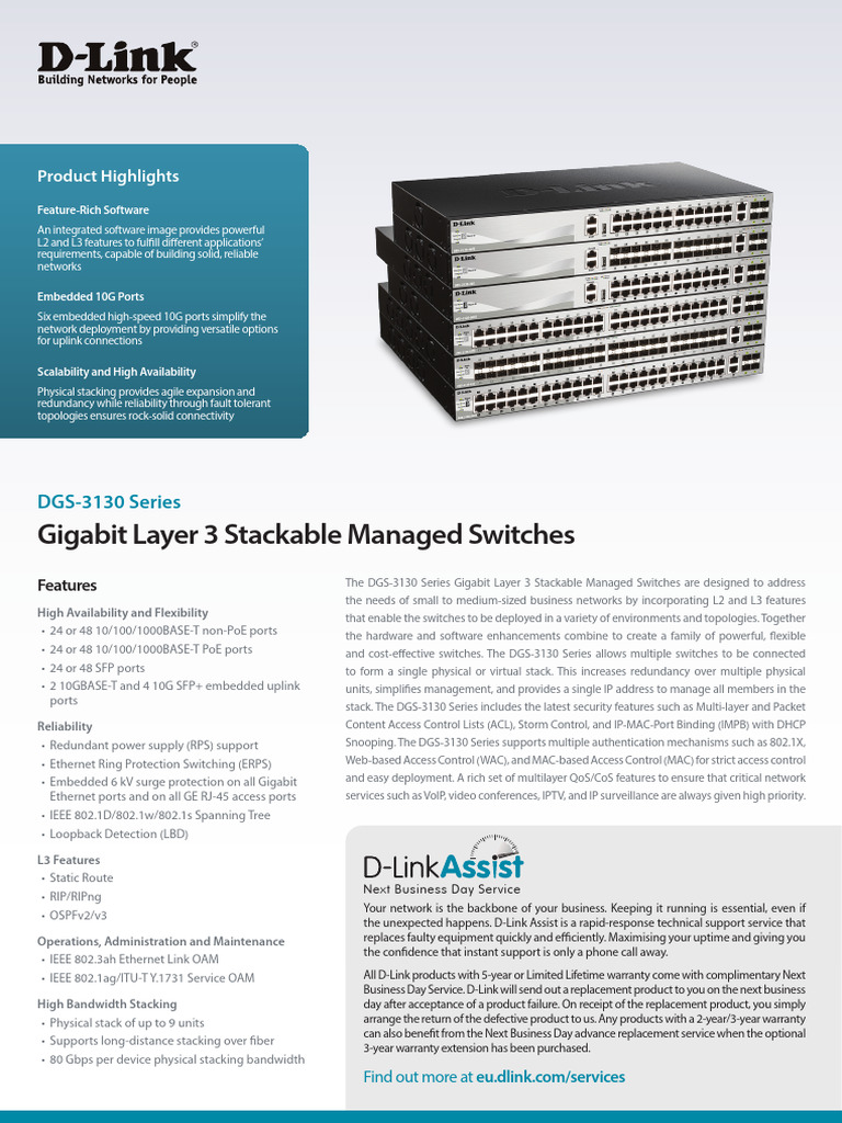 DGS 3130 Series B1 Datasheet EN EU | PDF | I Pv6 | Network Switch