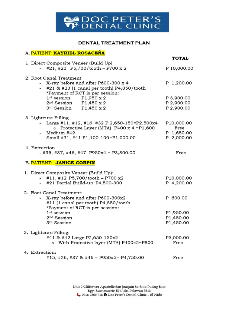 Swimmers Dental Treatment Plan | PDF | Health Care | Health Sciences