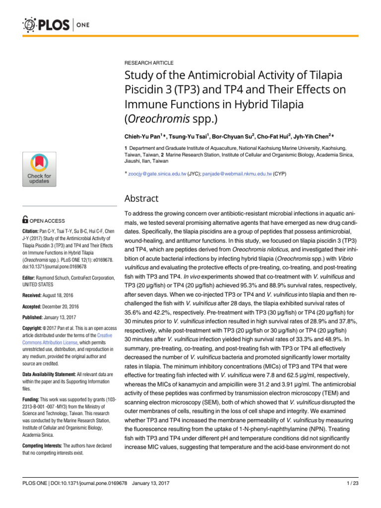Study of The Antimicrobial Activity of Tilapia Piscidin 3 (TP3) and TP4 and Their Effects On ...