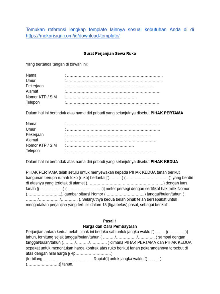 Contoh Perjanjian Sewa Ruko Lengkap Mekari Sign Pdf