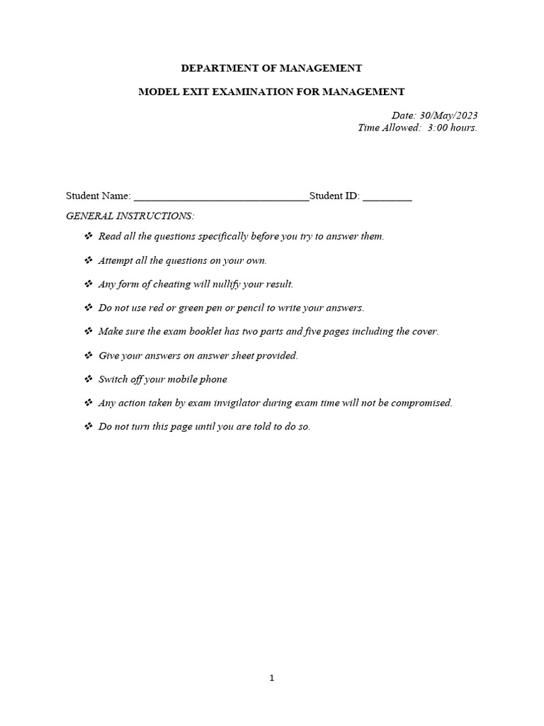 Management Exit Exam Model 2023 | PDF | Hypothesis | Human Resources