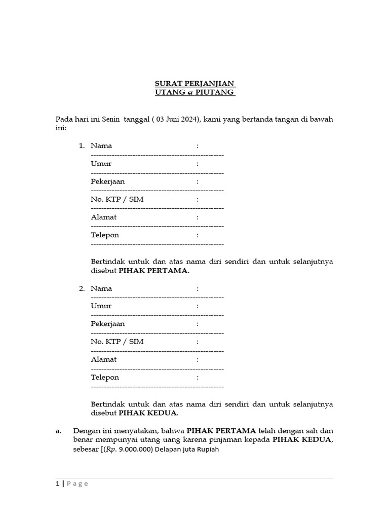Contoh Surat Perjanjian Utang Piutang | PDF