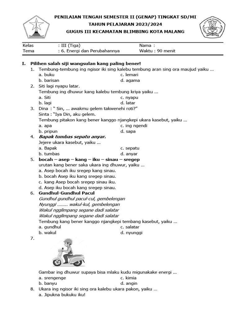 Soal Pts Genap Bahasa Jawa Kelas 3 2024 | PDF