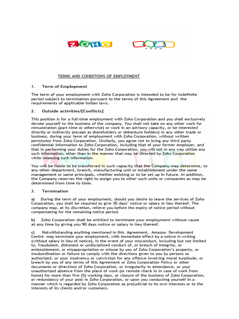 Zoho Employment Terms and Notice Period | PDF | Employment | Corporations