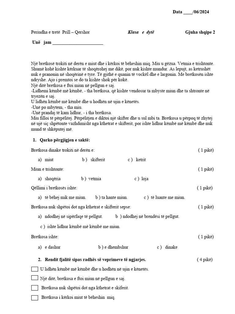 Gjuha Shqipe 2 - Test 3 | PDF