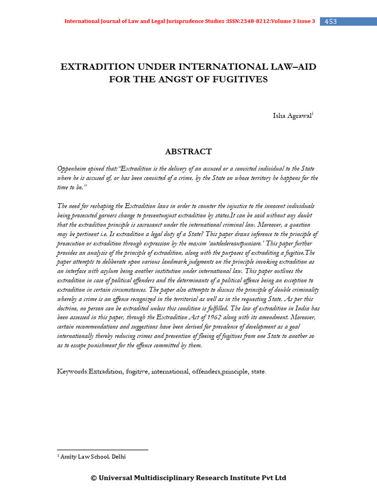 Isha Agrawal - Extradition Under International Law | PDF | Extradition | Crime & Violence