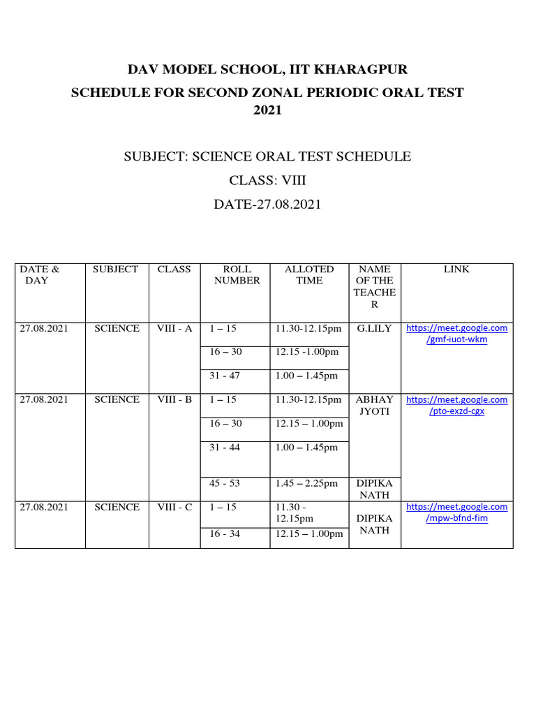 Class Viii Second Periodic Oral Test Schedule | PDF